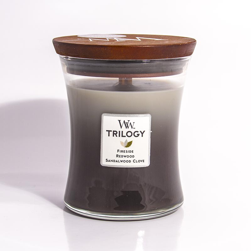 WoodWick Trilogy Fireside Redwood glass medium | ExcaliburShop